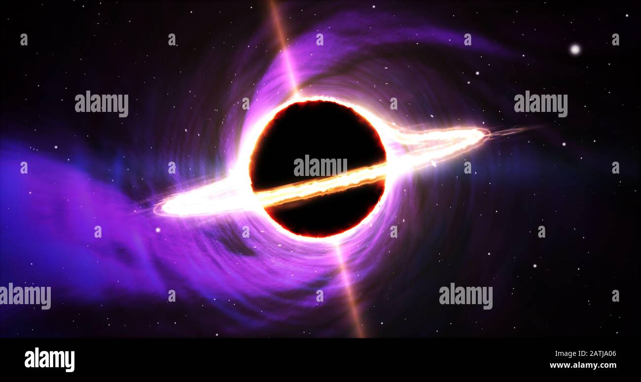 Black hole space. Star with matter cloud swirl ring and energy jets ...