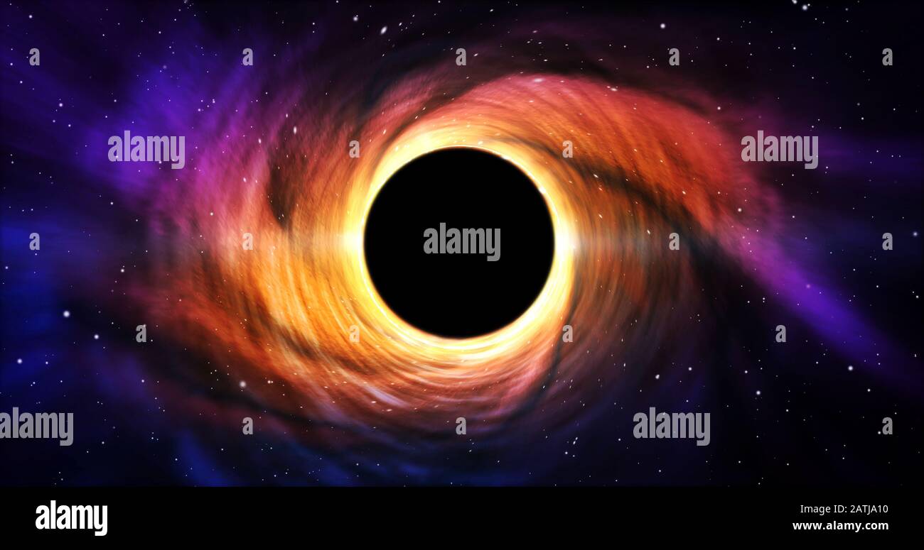 Black hole space. Star with matter cloud swirl ring and energy jets ...