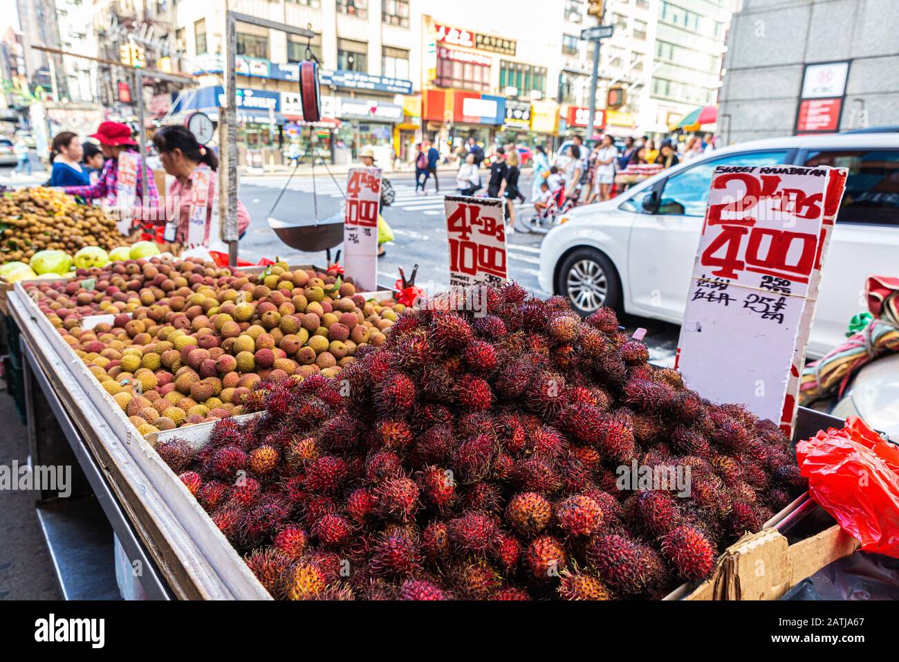 New York City, USA - August 2, 2018: Vendors in a flea market of fruit ...