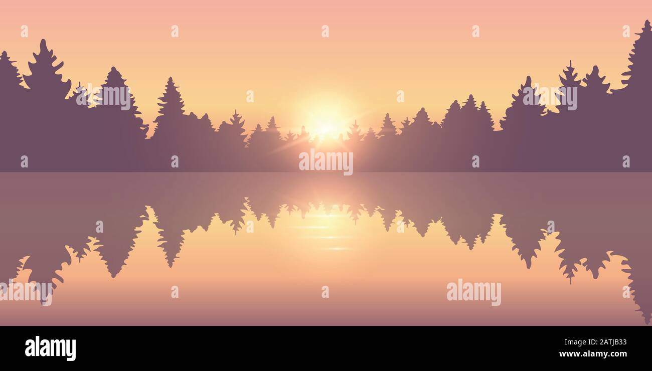 beautiful lake at sunrise pine forest nature landscape vector ...