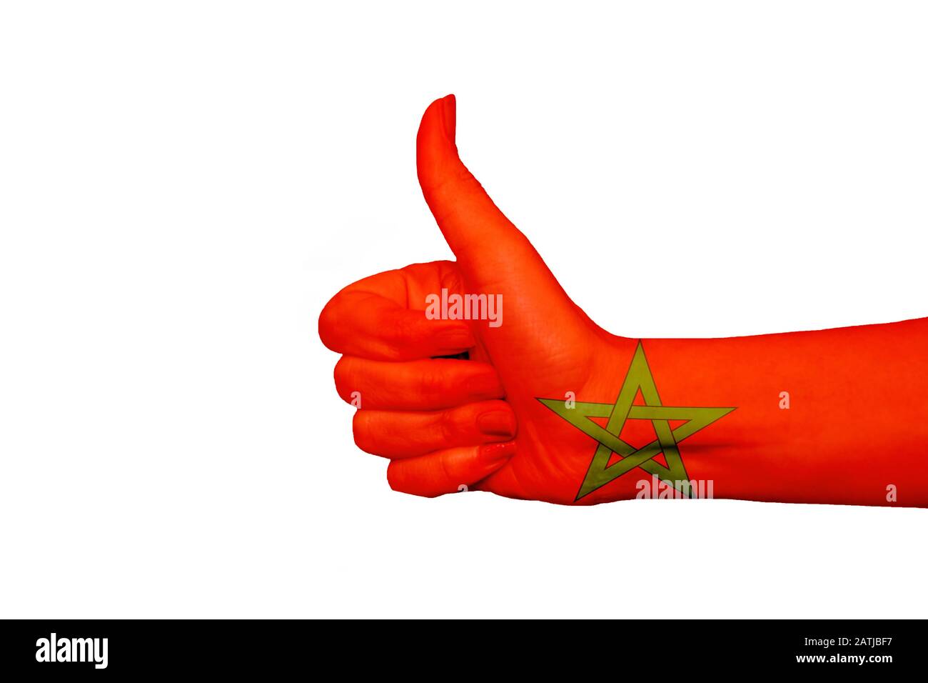 Morocco flag painted on hand showing thumbs up Stock Photo - Alamy