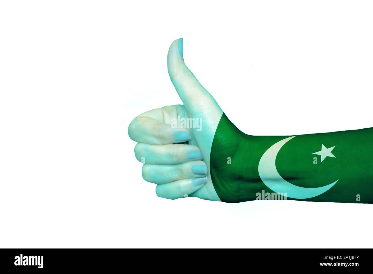 Pakistan flag painted on hand showing thumbs up Stock Photo - Alamy