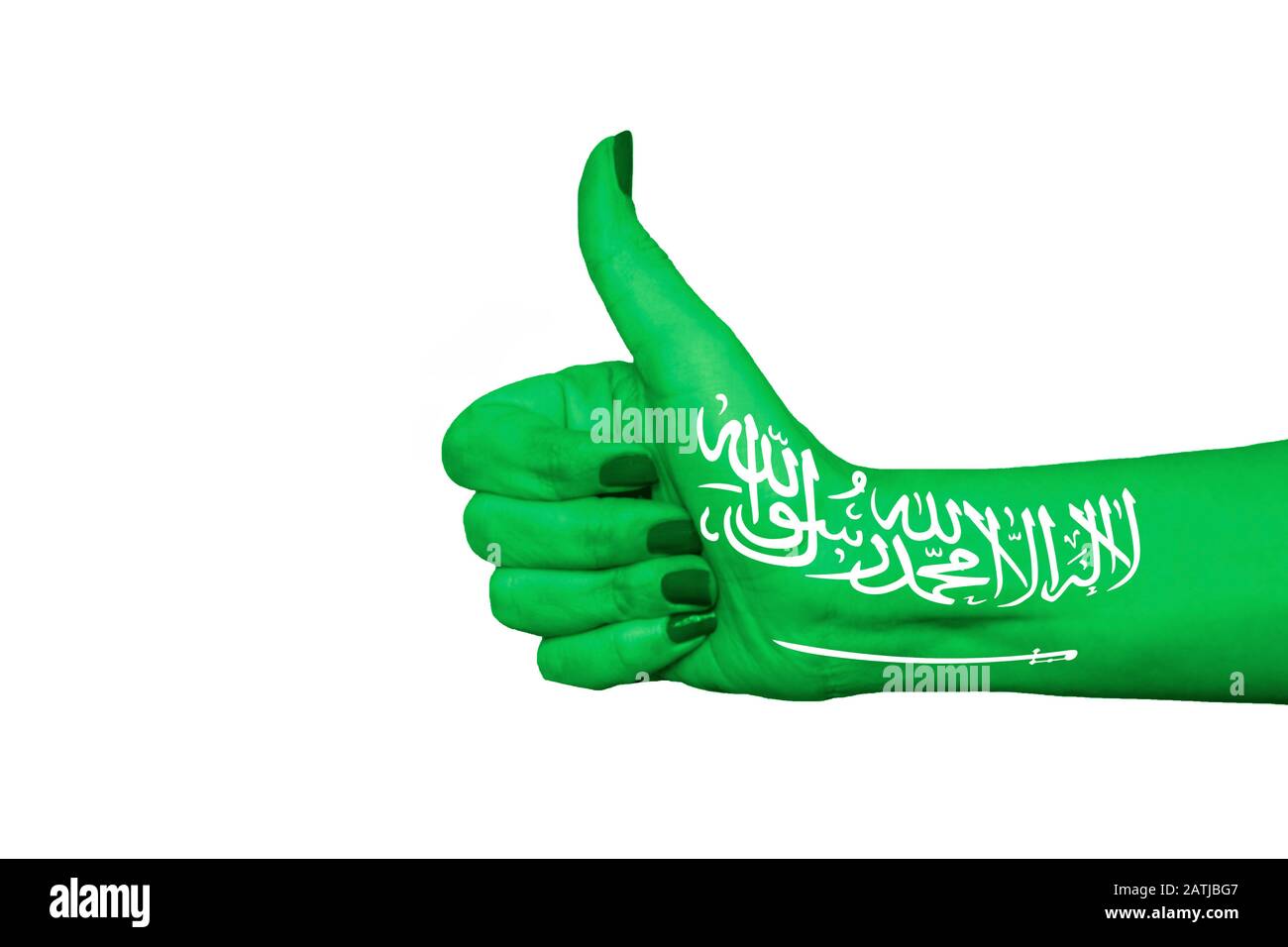 Saudi Arabia flag painted on hand showing thumbs up Stock Photo - Alamy