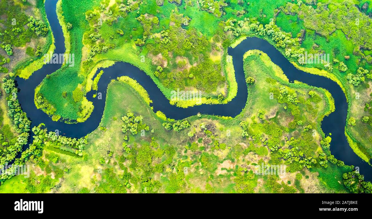 Aerial view of meander in the delta surrounded by lush vegetation Stock ...