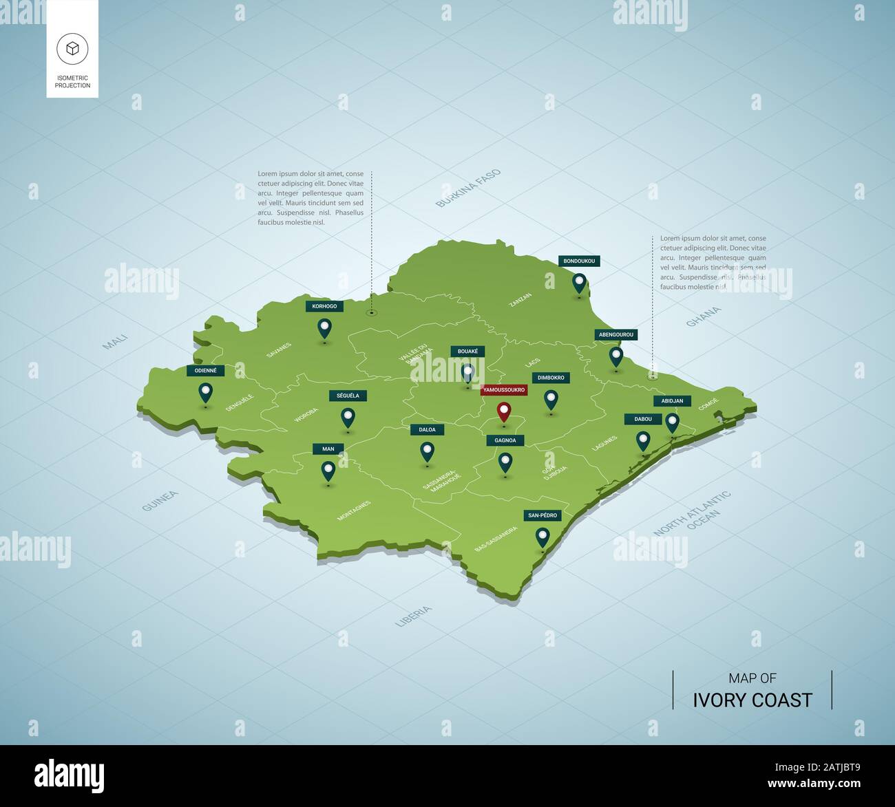 Stylized Map Of Ivory Coast Isometric 3d Green Map With Cities