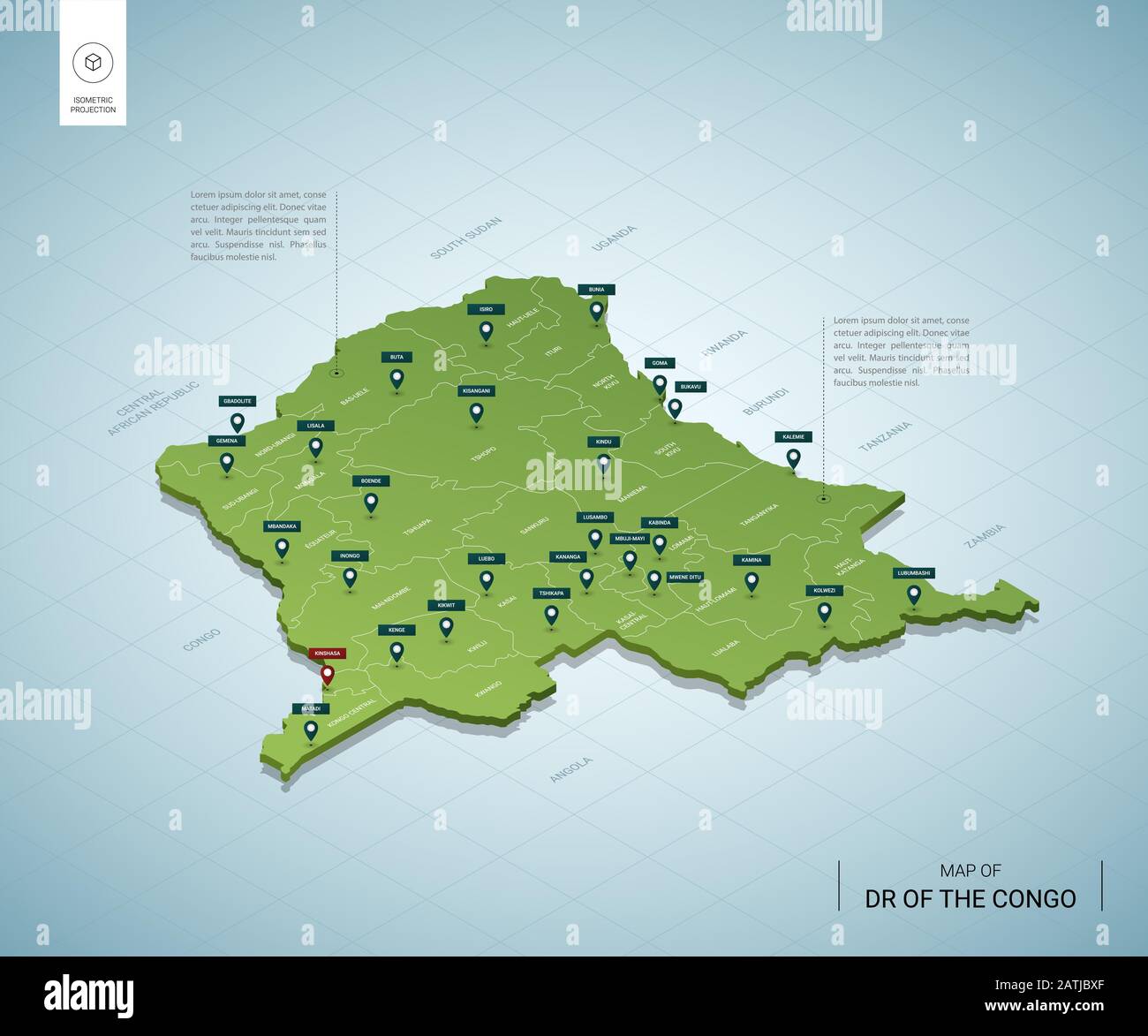 Stylized map of DR of the Congo. Isometric 3D green map with cities ...