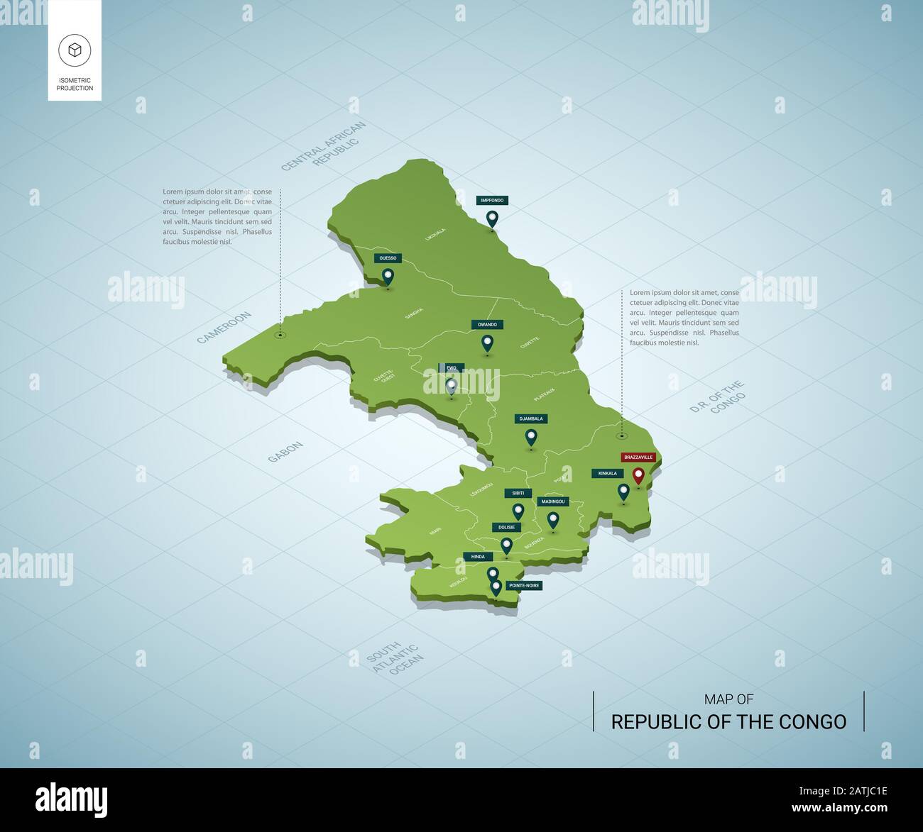 Stylized map of Congo. Isometric 3D green map with cities, borders ...