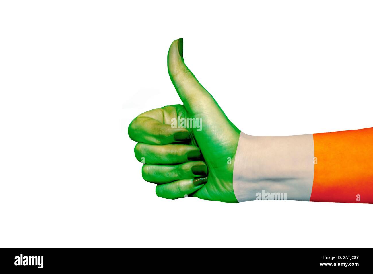 Ireland flag painted on hand showing thumbs up Stock Photo - Alamy