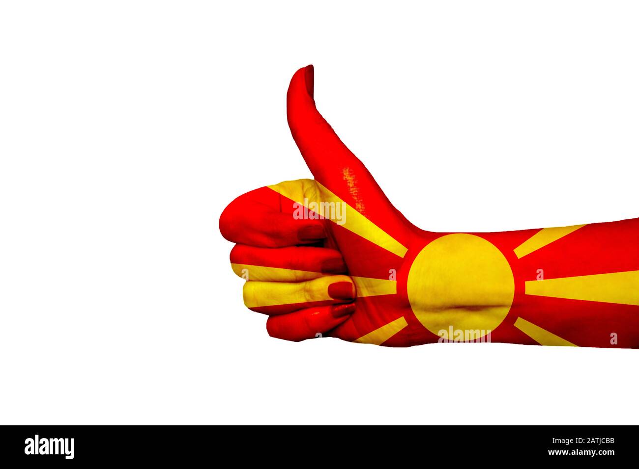 Macedonia flag painted on hand showing thumbs up Stock Photo - Alamy