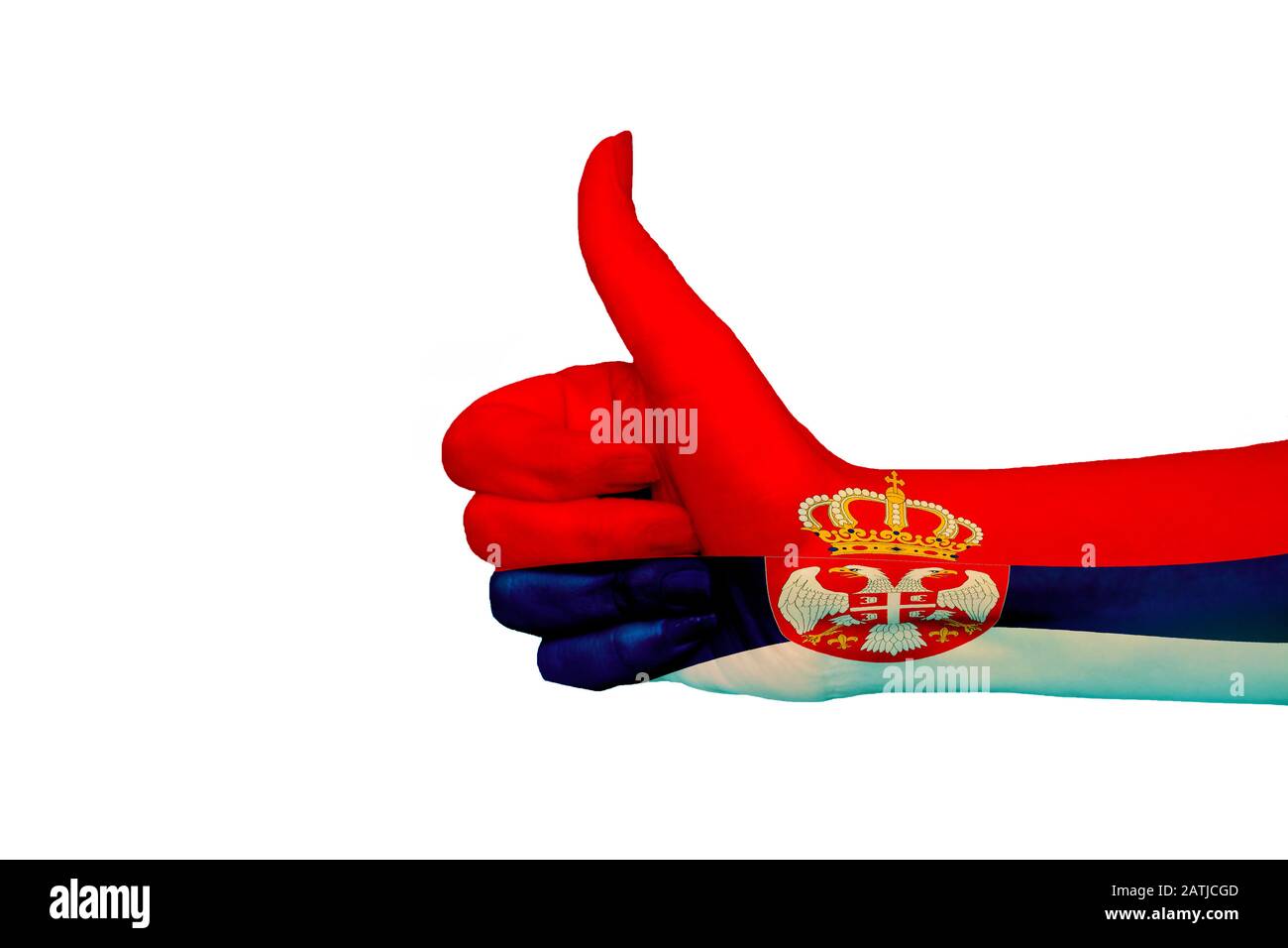 Serbia flag painted on hand showing thumbs up Stock Photo - Alamy