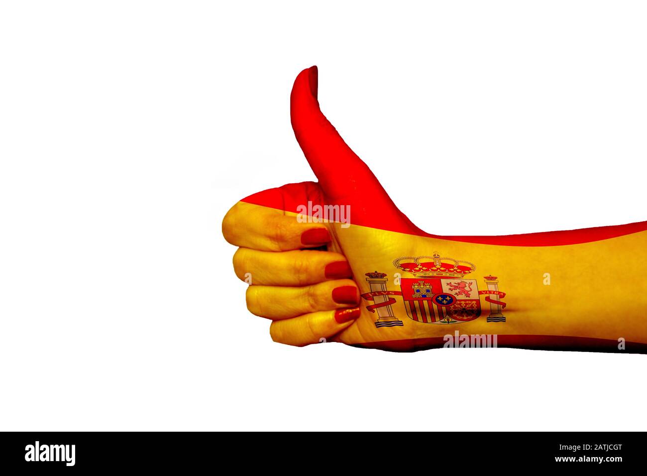 Spain flag painted on hand showing thumbs up Stock Photo - Alamy