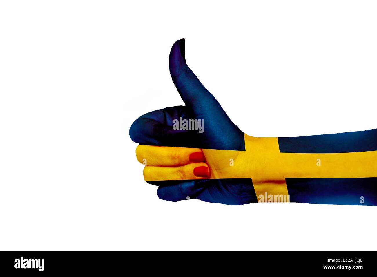 Swedish flag painted on hand showing thumbs up Stock Photo - Alamy