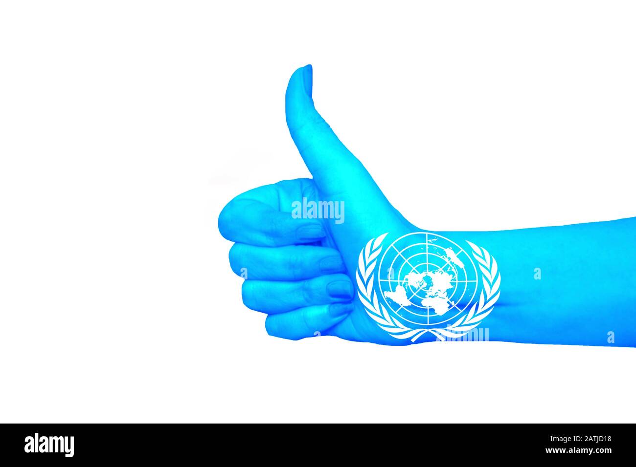 United Nations flag painted on hand showing thumbs up Stock Photo - Alamy