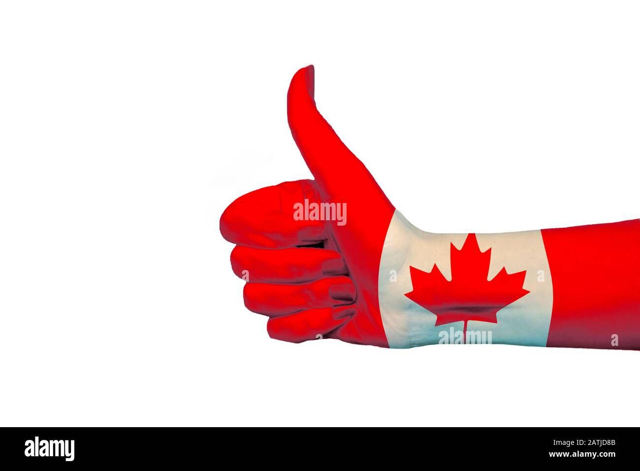 Canada flag painted on hand showing thumbs up Stock Photo - Alamy