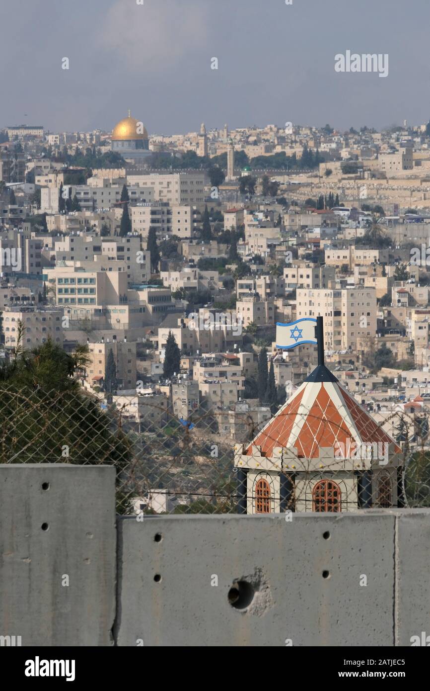 View of the Israeli West Bank barrier separating Abu Dis or Abu Deis a ...