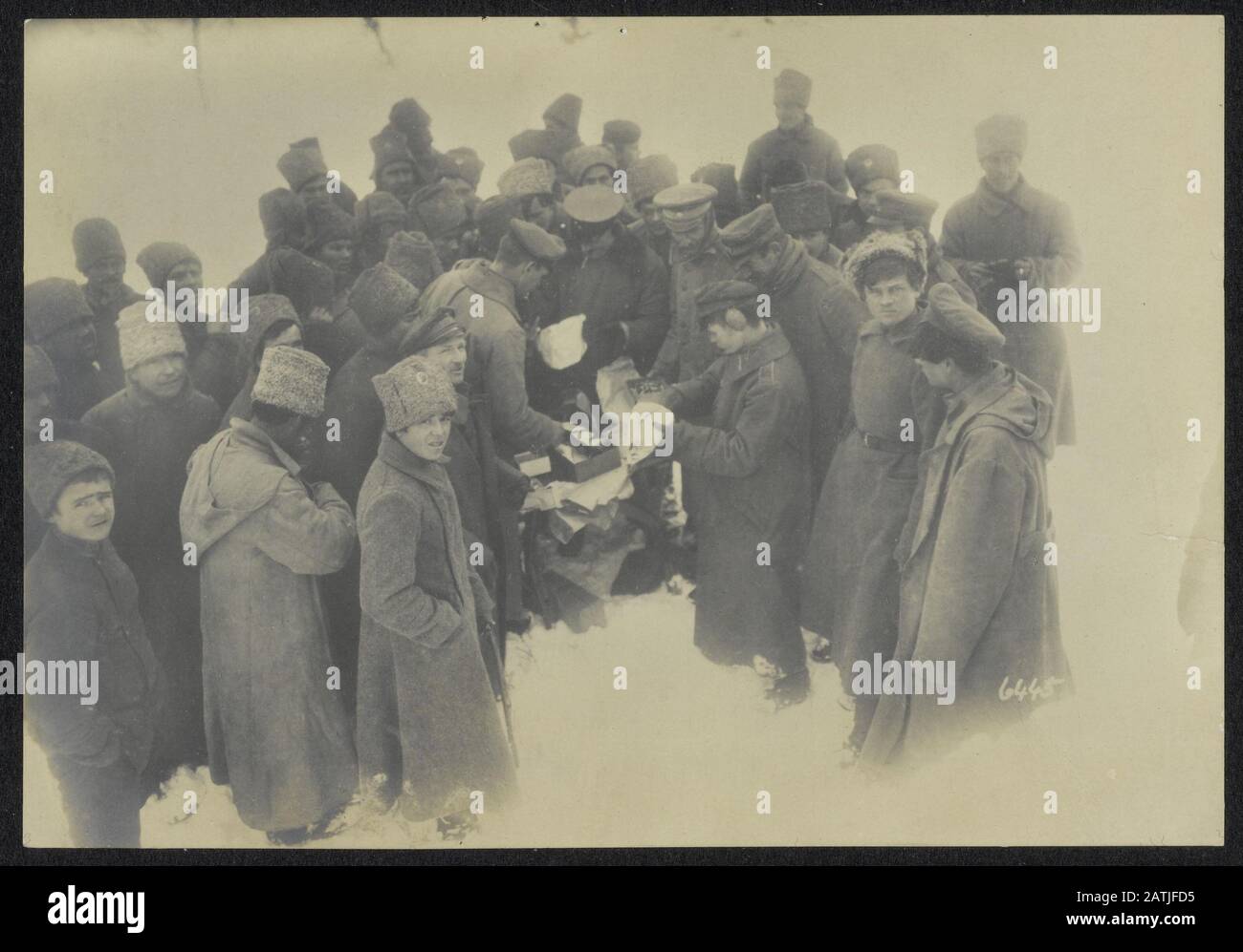 Description: Group of Russian soldiers packed packages in the snow Date ...