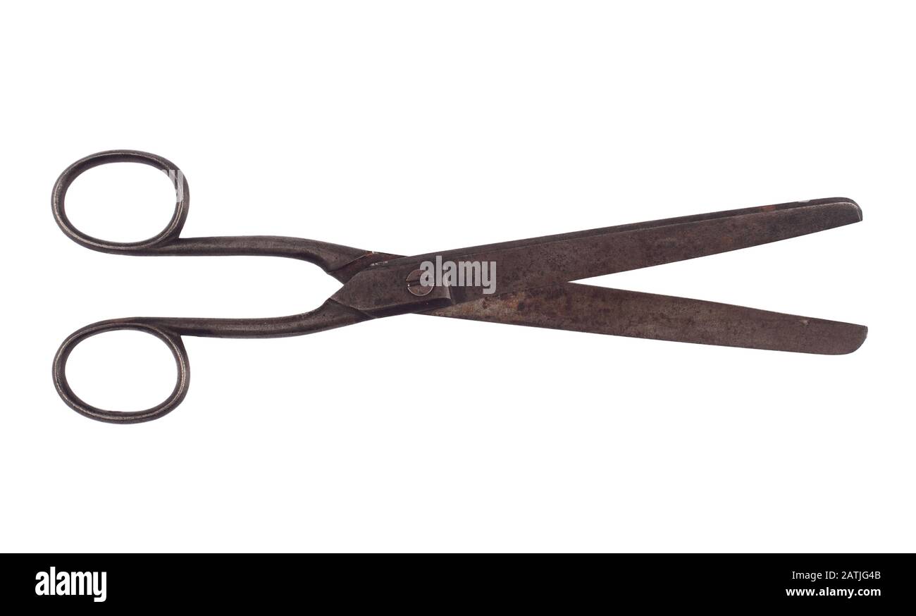 top view of a pair of metallic vintage old open scissors isolated on ...