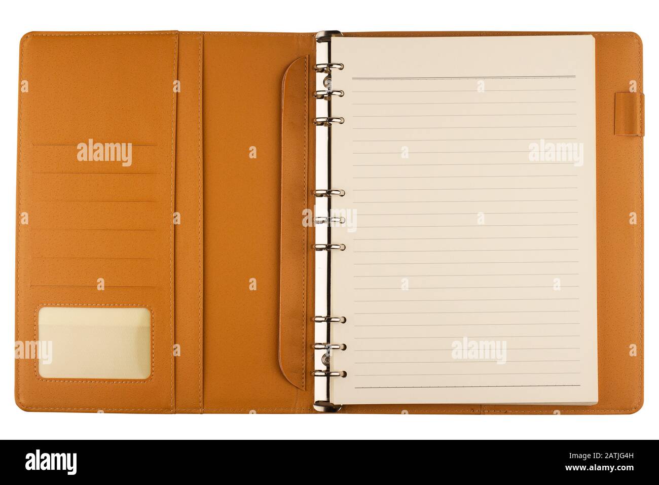 top view of open light brown leather agenda notebook with blank lined ...