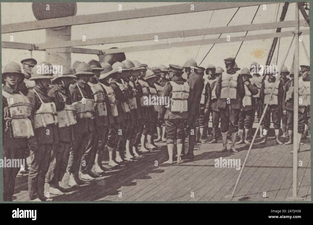 Description: Lifeboat drill on a troopship. Annotation: abandon ship ...