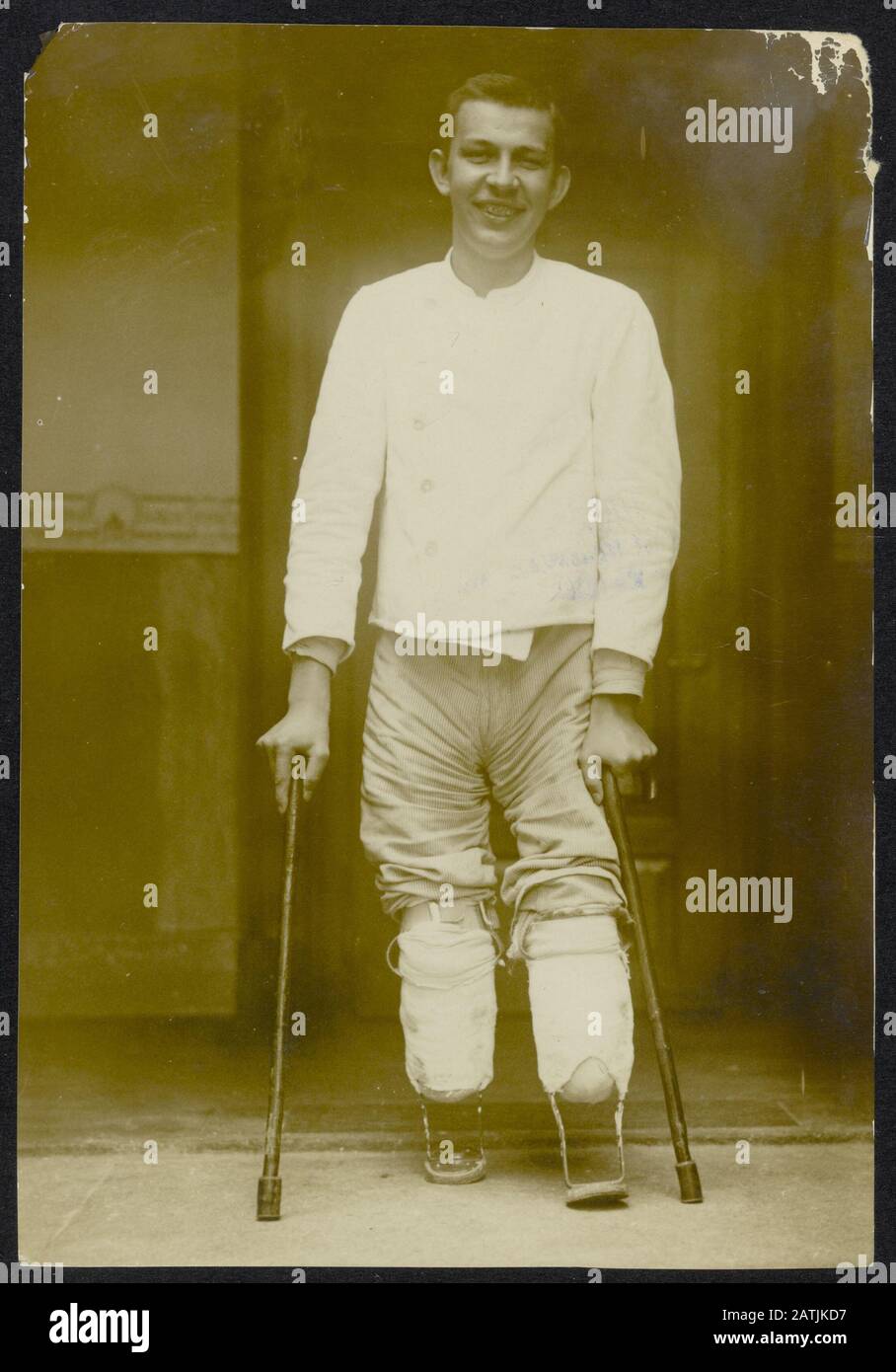 Description: convalescing soldier with two leg prostheses Date: {1914 ...