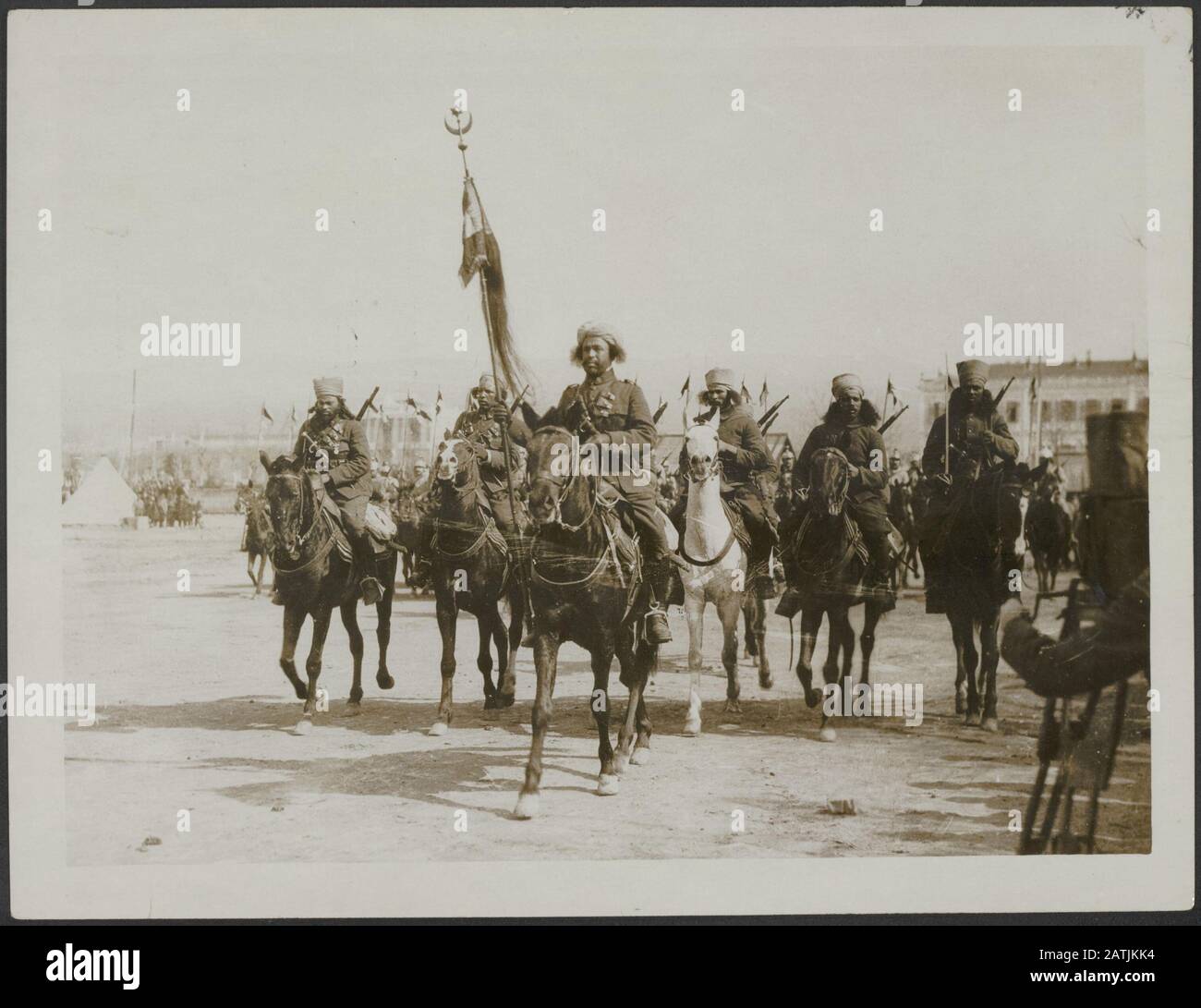 Description: Review of Spahis at Salonica. The Spahis standard bearer ...