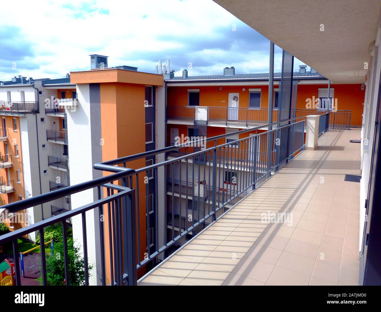 court yard at multi level condominium building. exterior detail. home ...