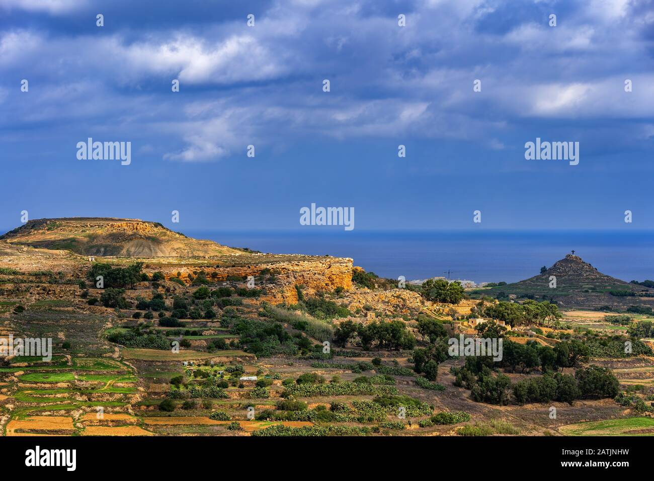 Landscape of Gozo island in Malta, horizon of the Mediterranean Sea ...
