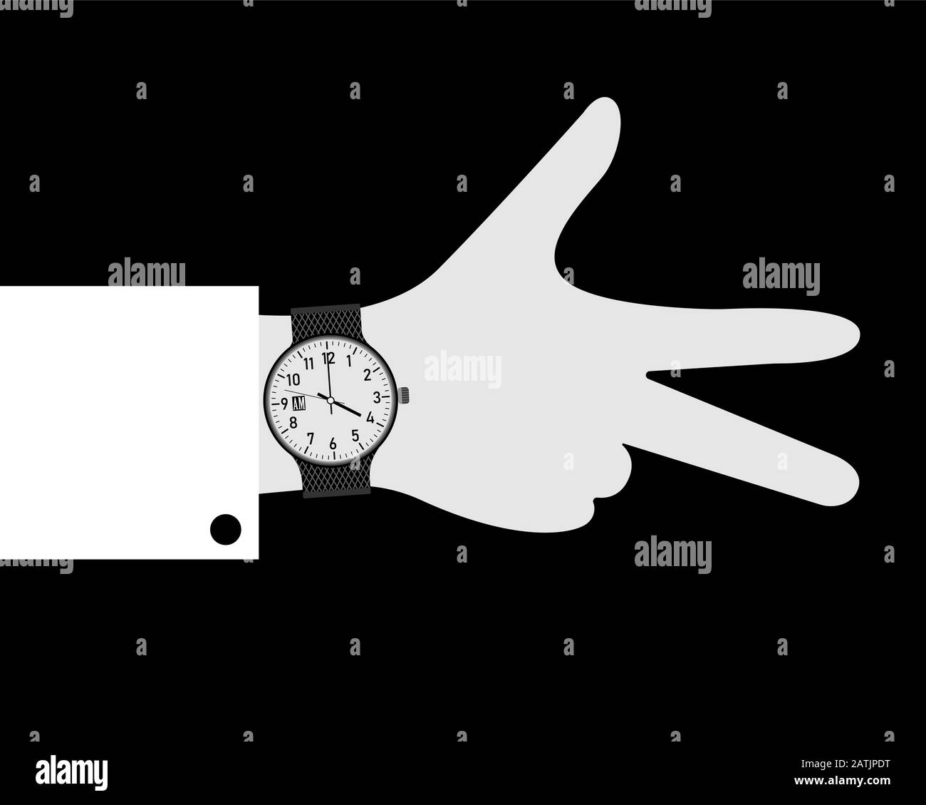 Black and white poster with the image of a classic watch on his hand ...
