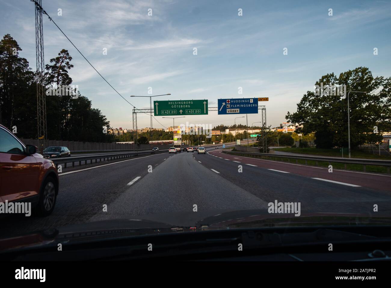 Editorial 08.31.2019 Stockholm Sweden Driving on the motorway out from ...