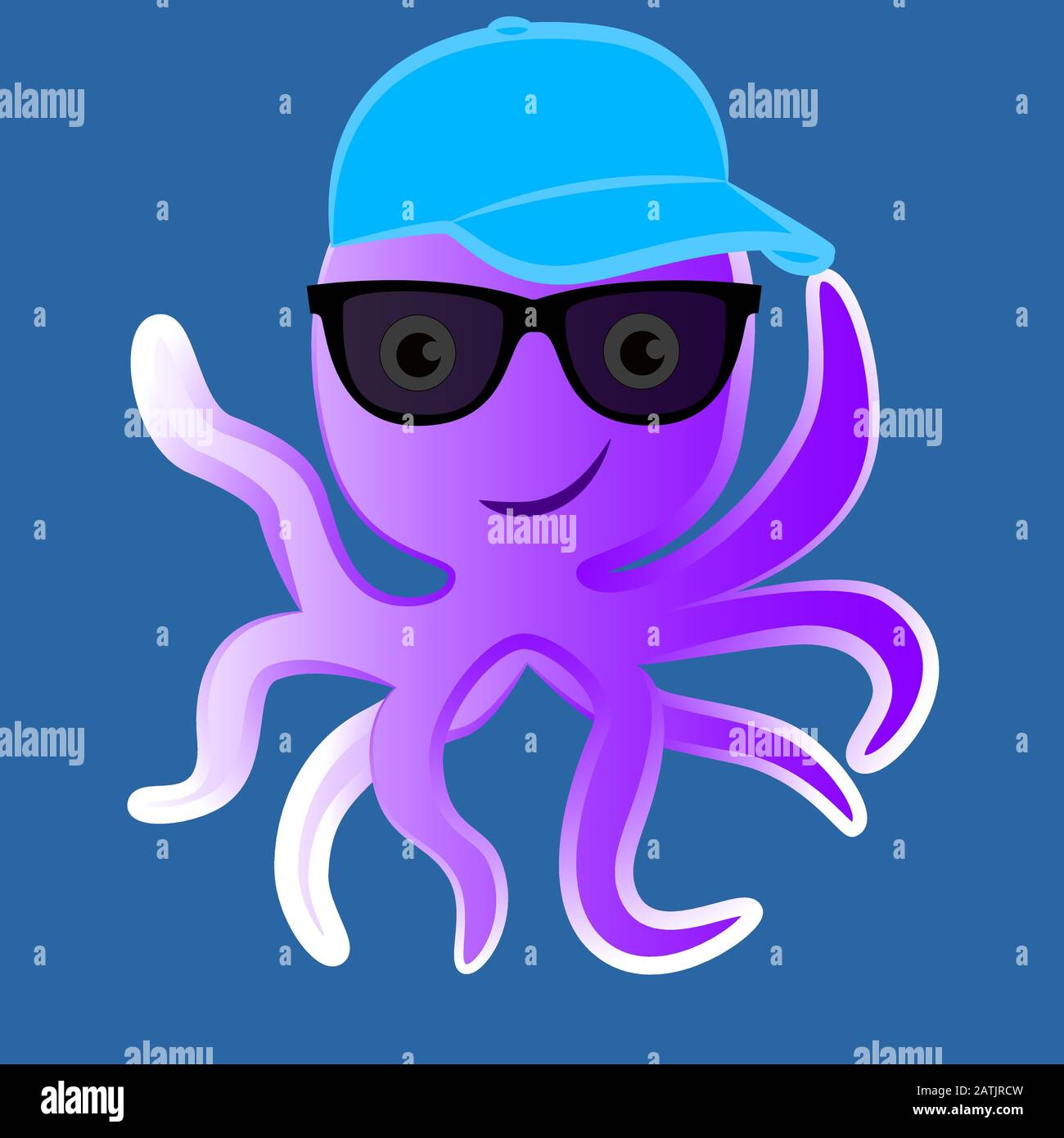 Smiling octopus in sunglasses and cap isolated by blue background Stock ...