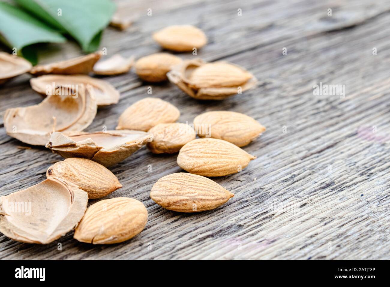 The core of apricots and stones on the background of old boards ...
