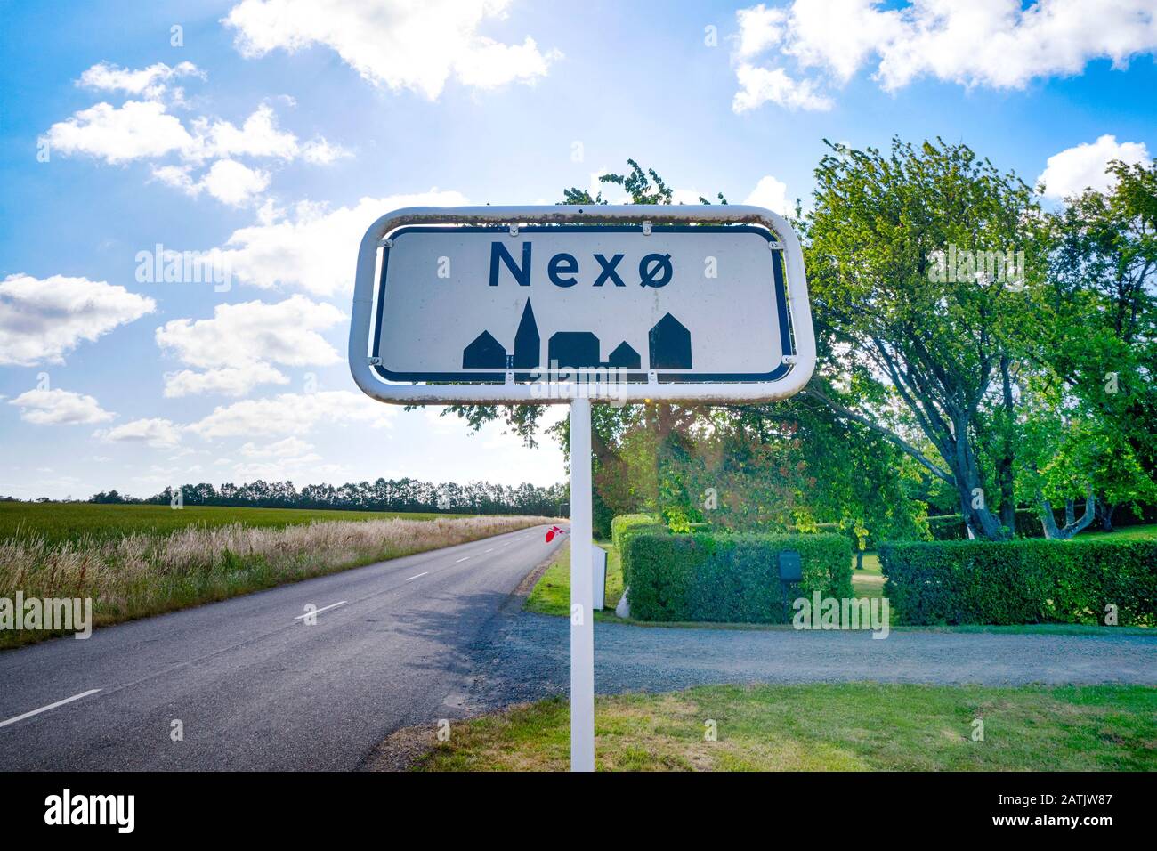 City sign of Nexø city on the danish island of Bornholm in the summer ...