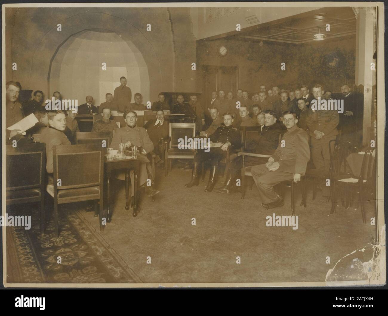 Description: Meeting with a group of soldiers in a hall. Date: {1914 ...