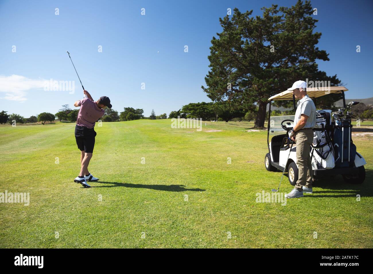 Golfers playing golf next of golf buggy Stock Photo - Alamy