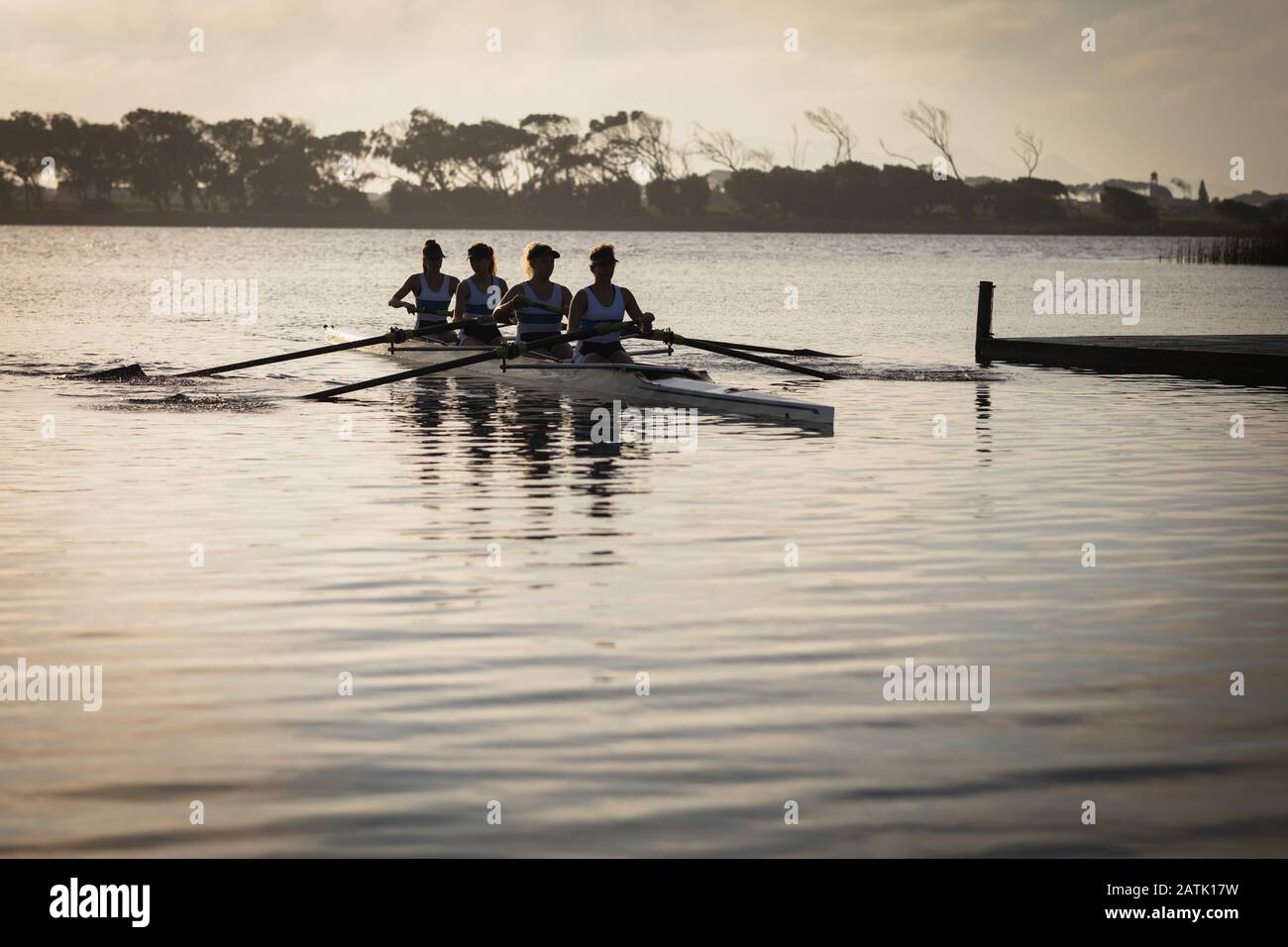 Female rowing team training on a river at the sunset Stock Photo - Alamy