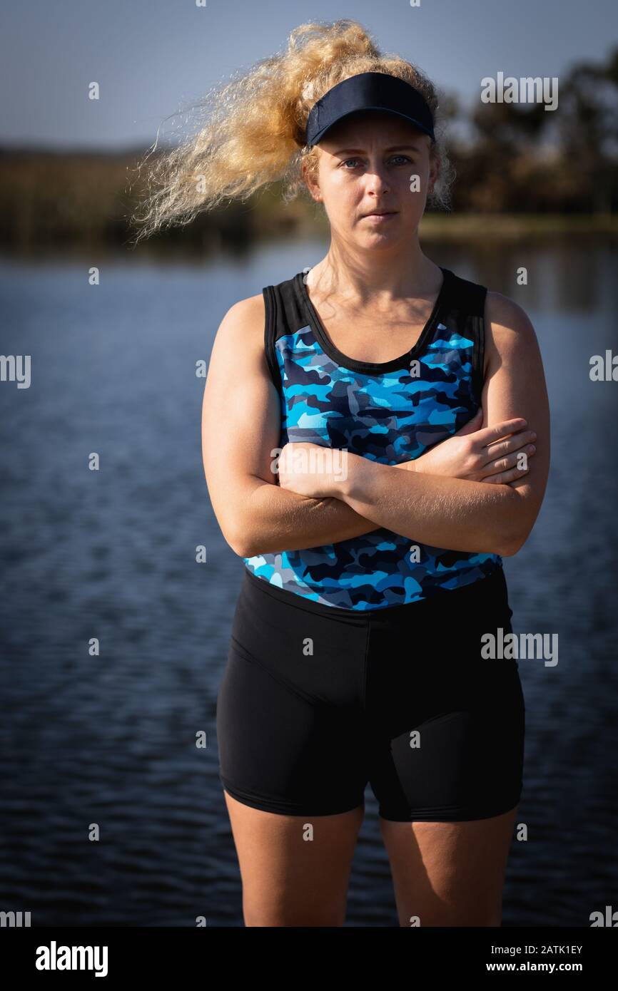 Female rower on a bridge Stock Photo - Alamy