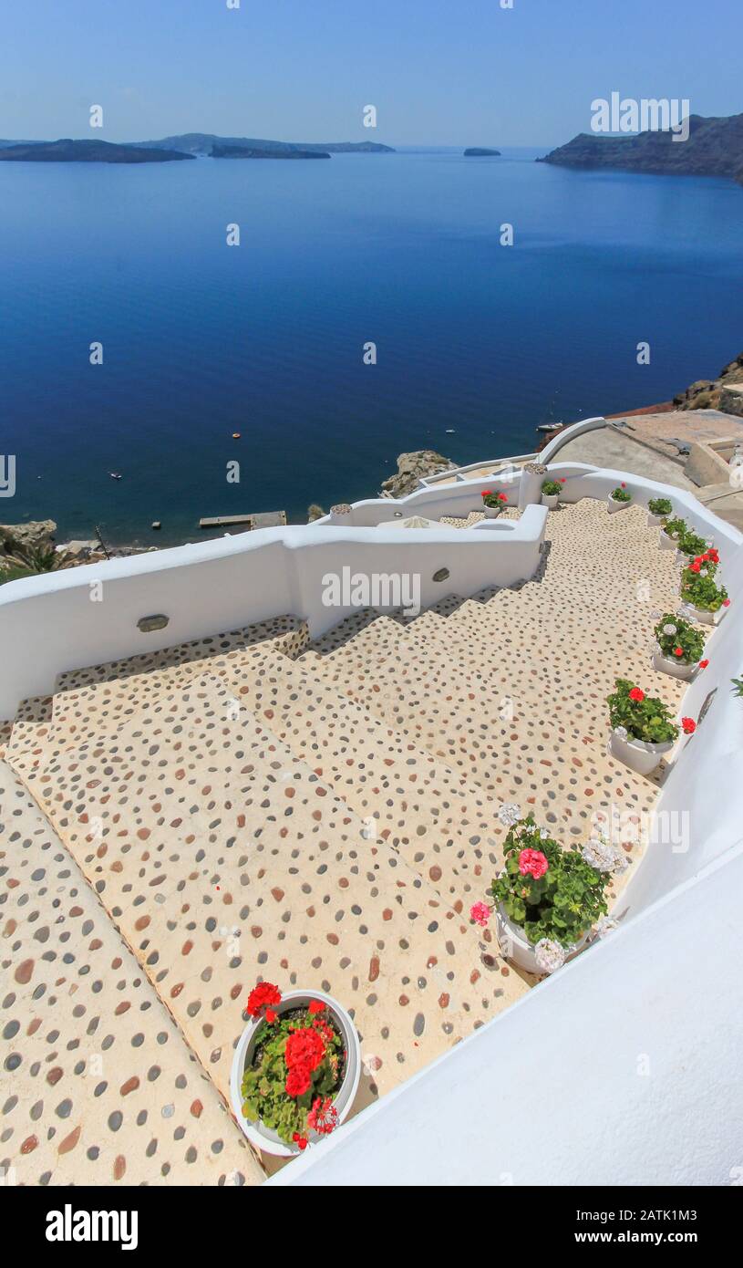Stairs and volcano at Oia island, Greece Stock Photo - Alamy
