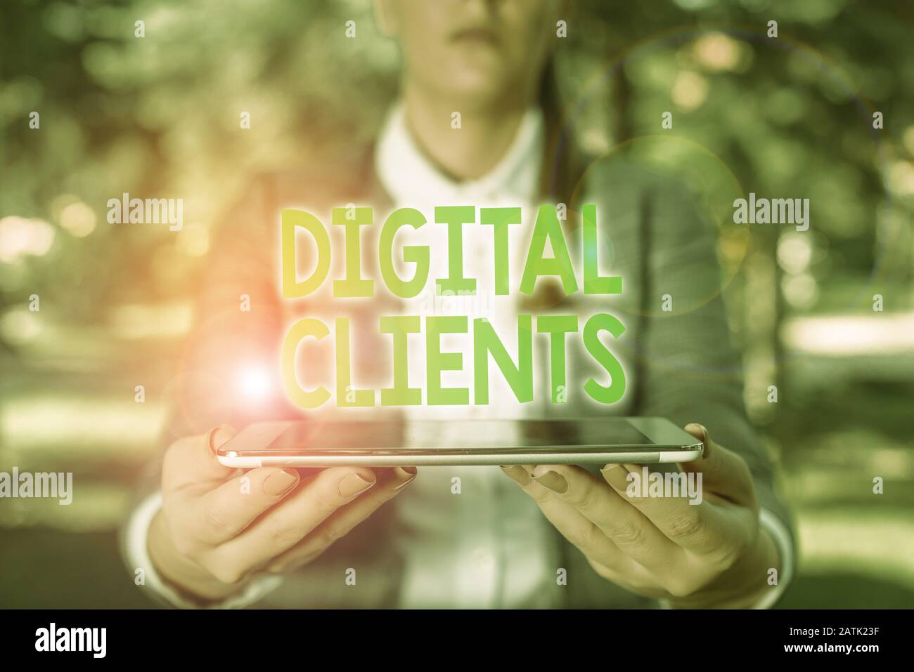 Writing note showing Digital Clients. Business concept for use digital ...