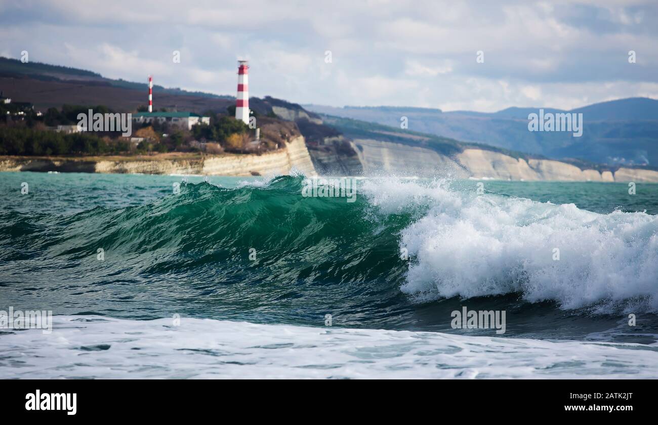 Storm waves in the Black sea on the background of the Gelendzhik ...
