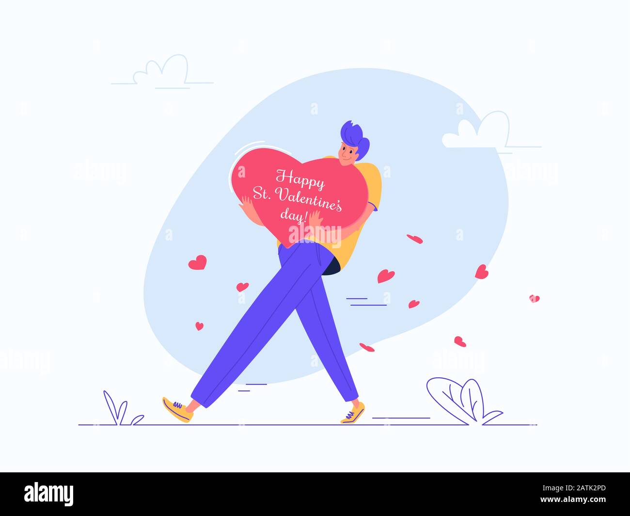 Young man carrying heavy heart symbol as Valentines greeting card. Flat ...