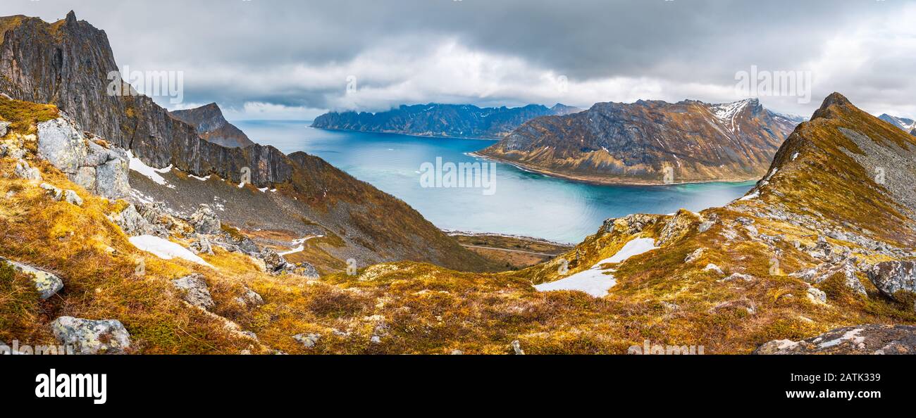 The landscape view of Senja Island from mountain Husfjellet in Norway ...