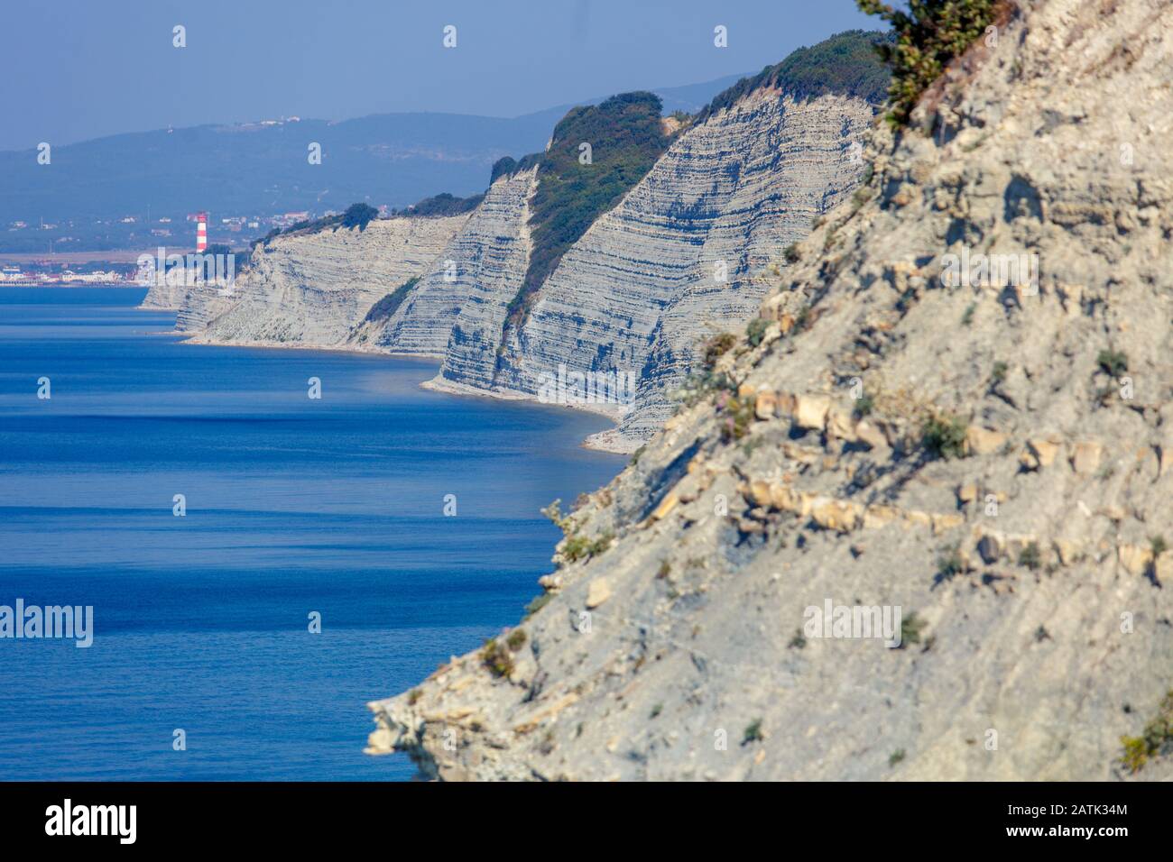 High layered precipitous rocks of the black sea coast of Russia. In the ...