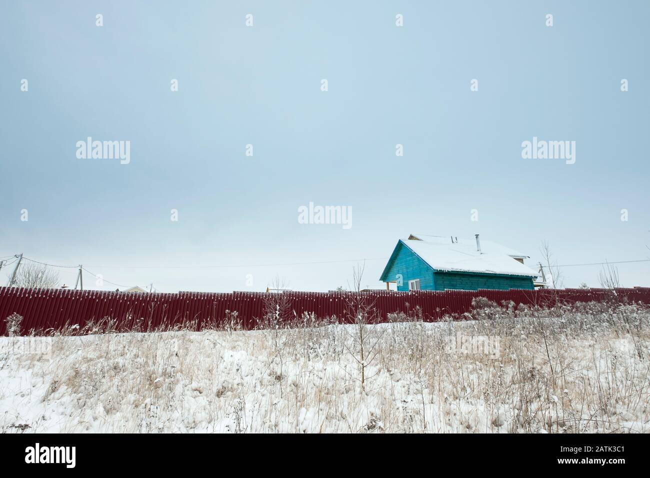 Blue sky with snow field and blue house. Great background with ...