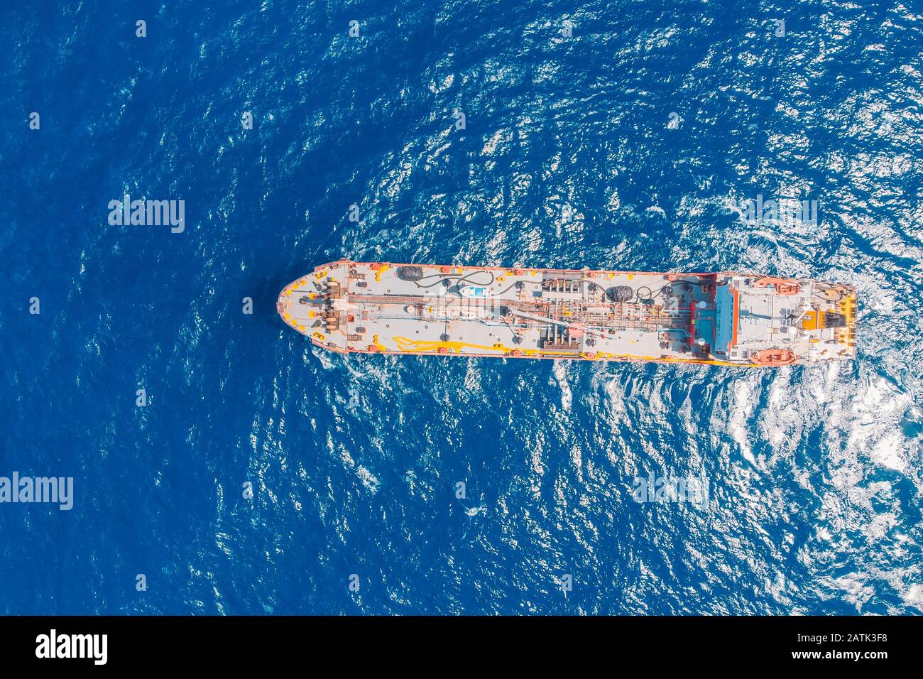 Oil ship chemical tanker sails blue sea. Aerial top view. Concept ...