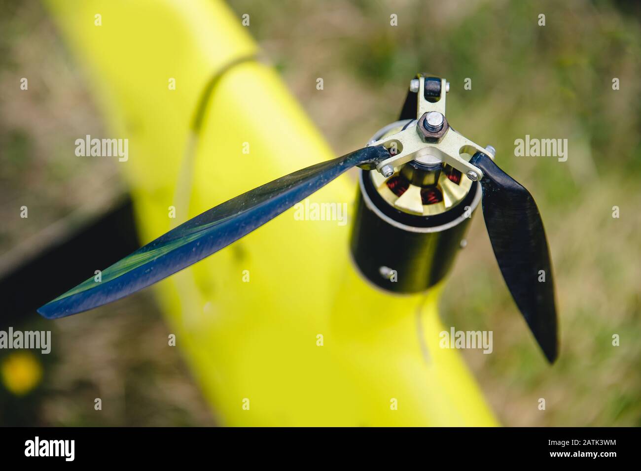 Close up electric motor with propeller aircraft model for cartography ...