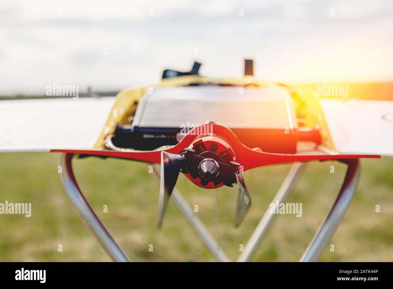 Close up electric motor with propeller aircraft model for cartography ...