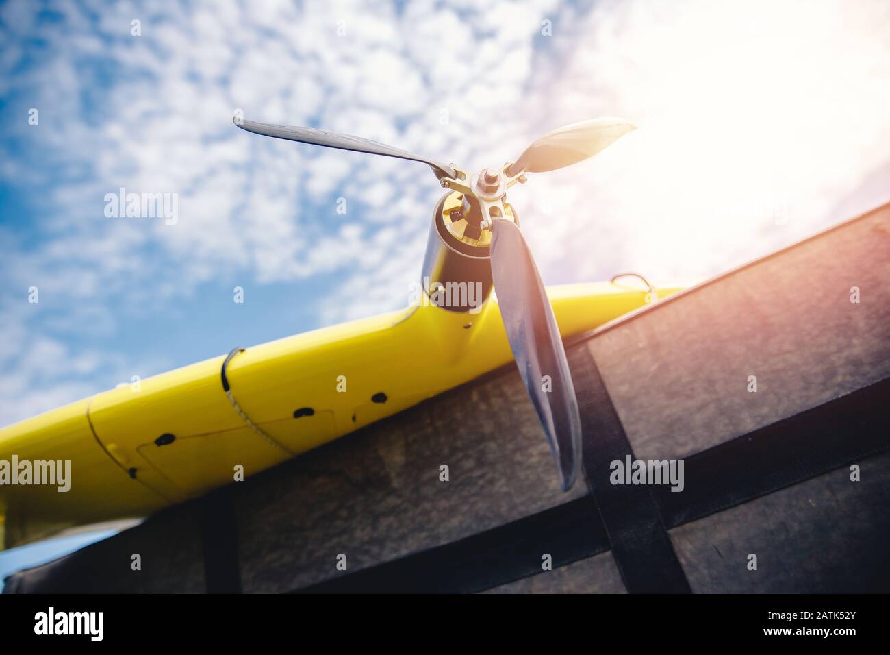 Close up electric motor with propeller aircraft model for cartography ...