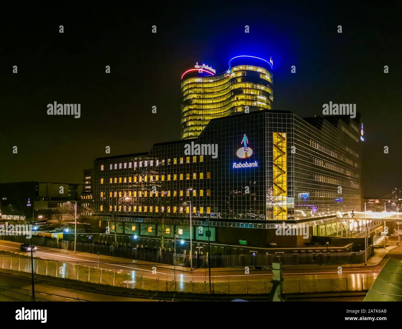 the big rabobank building lighted by night in Utrecht city, The ...