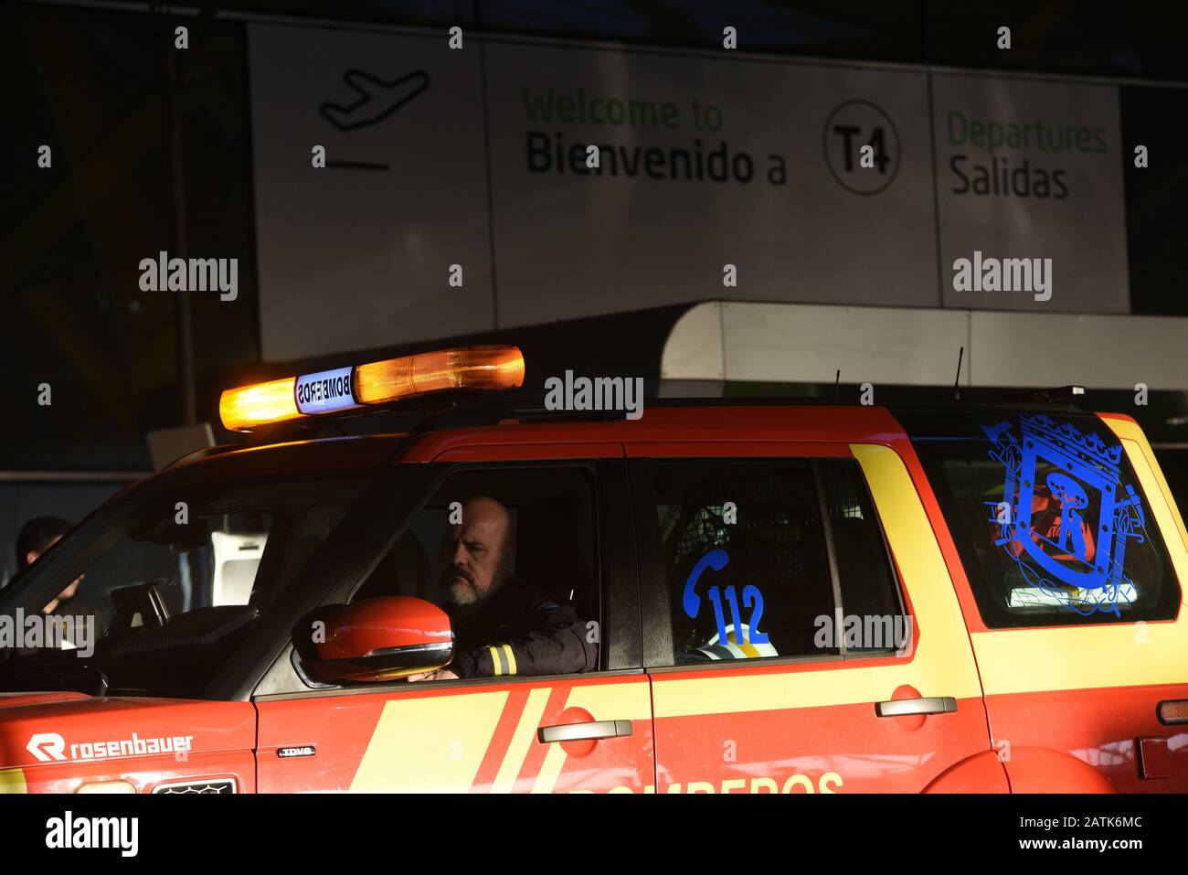 Madrid, Spain. 03rd Feb, 2020. A firefighter is seen at Adolfo Suarez ...