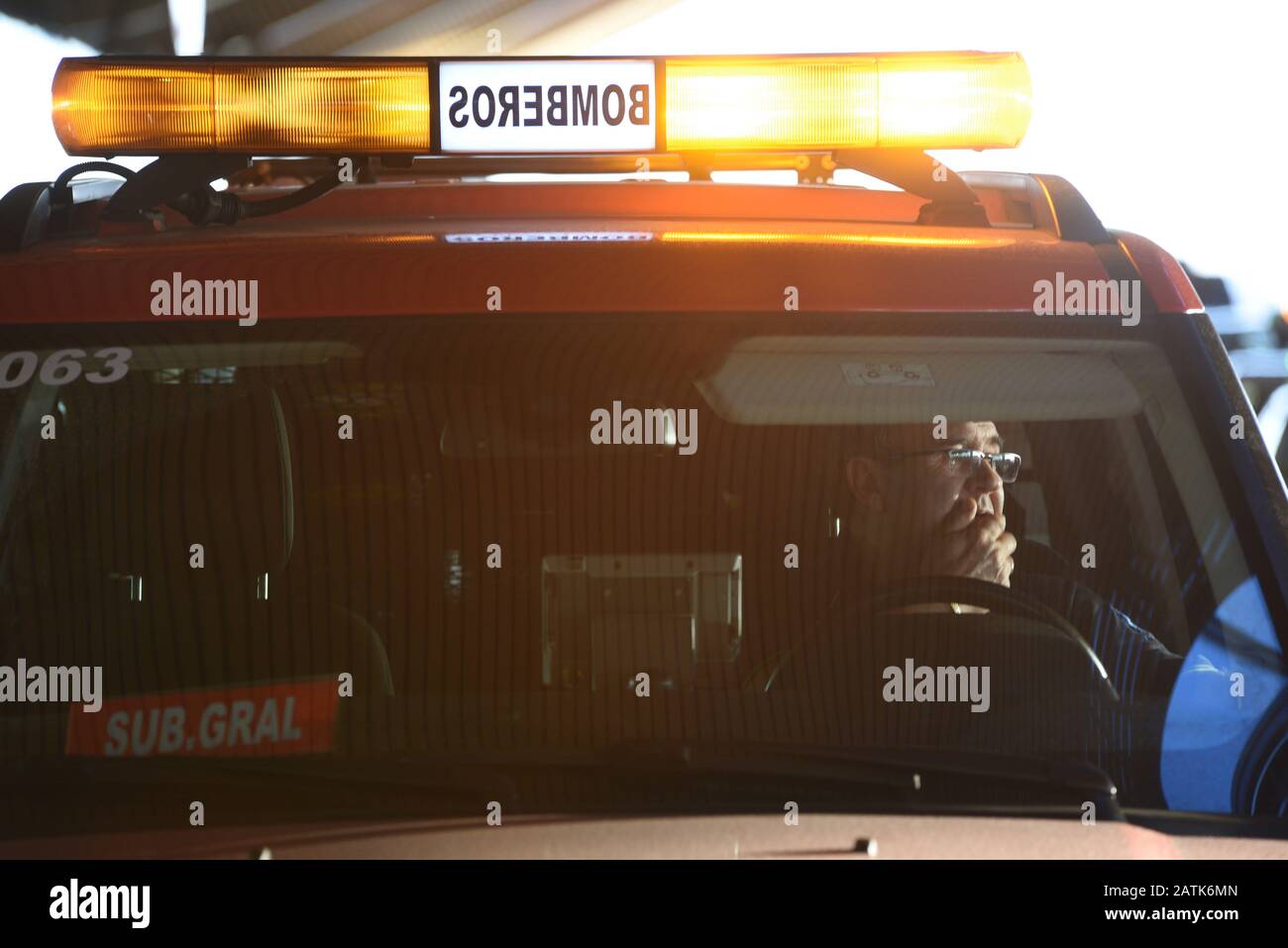 Madrid, Spain. 03rd Feb, 2020. A firefighter is seen at Adolfo Suarez ...